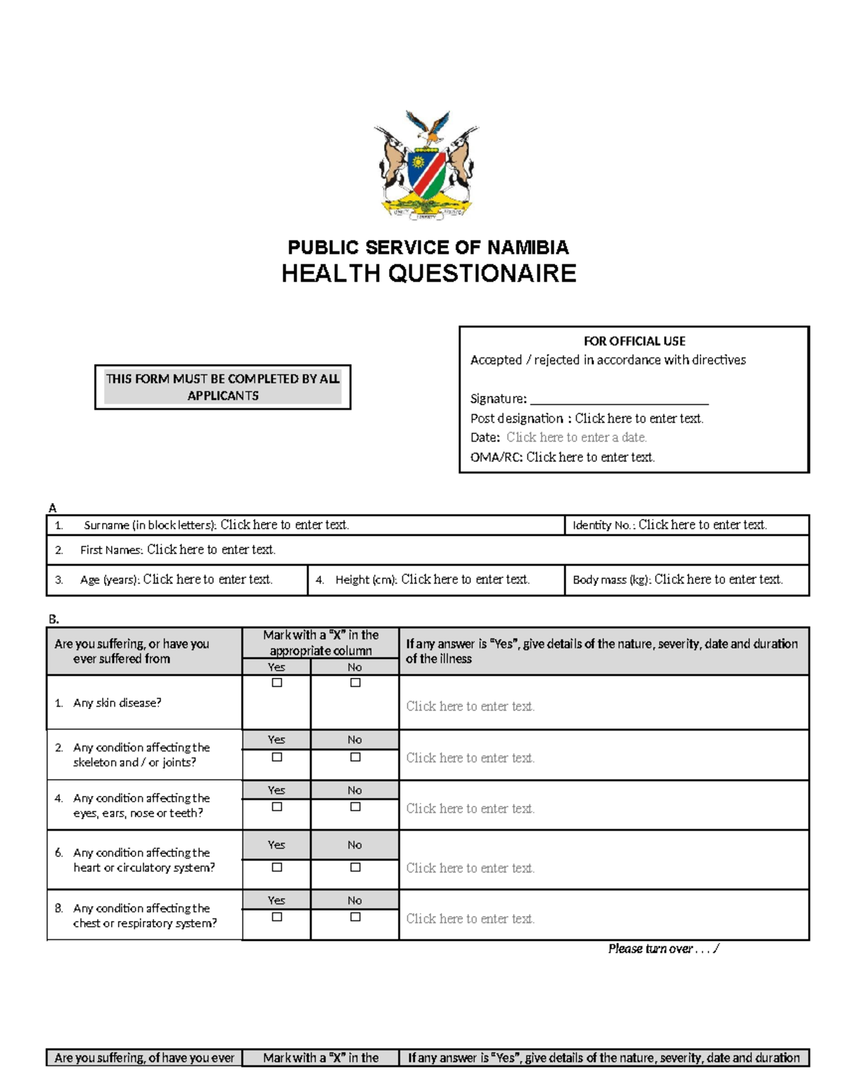 Health Questionnaire for Public Service of Namibia (E Version) - Studocu