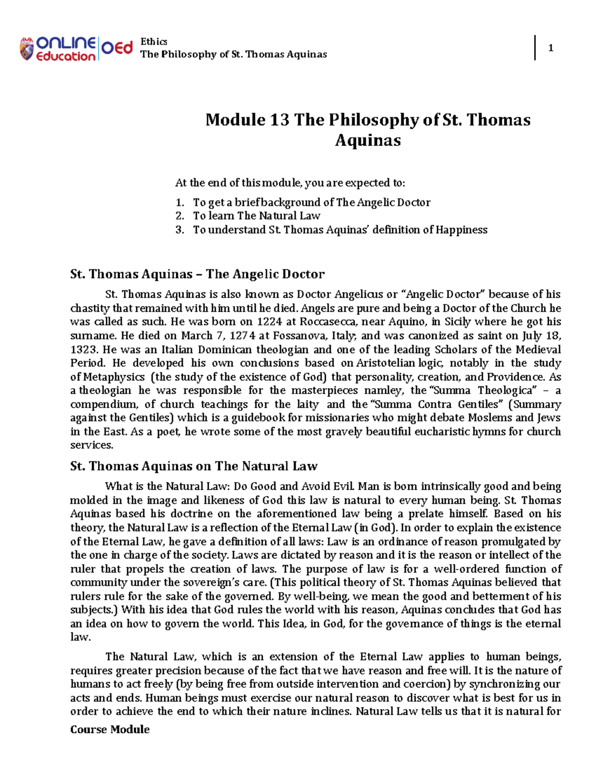 Module 13: Understanding St. Thomas Aquinas' Philosophy and Ethics ...