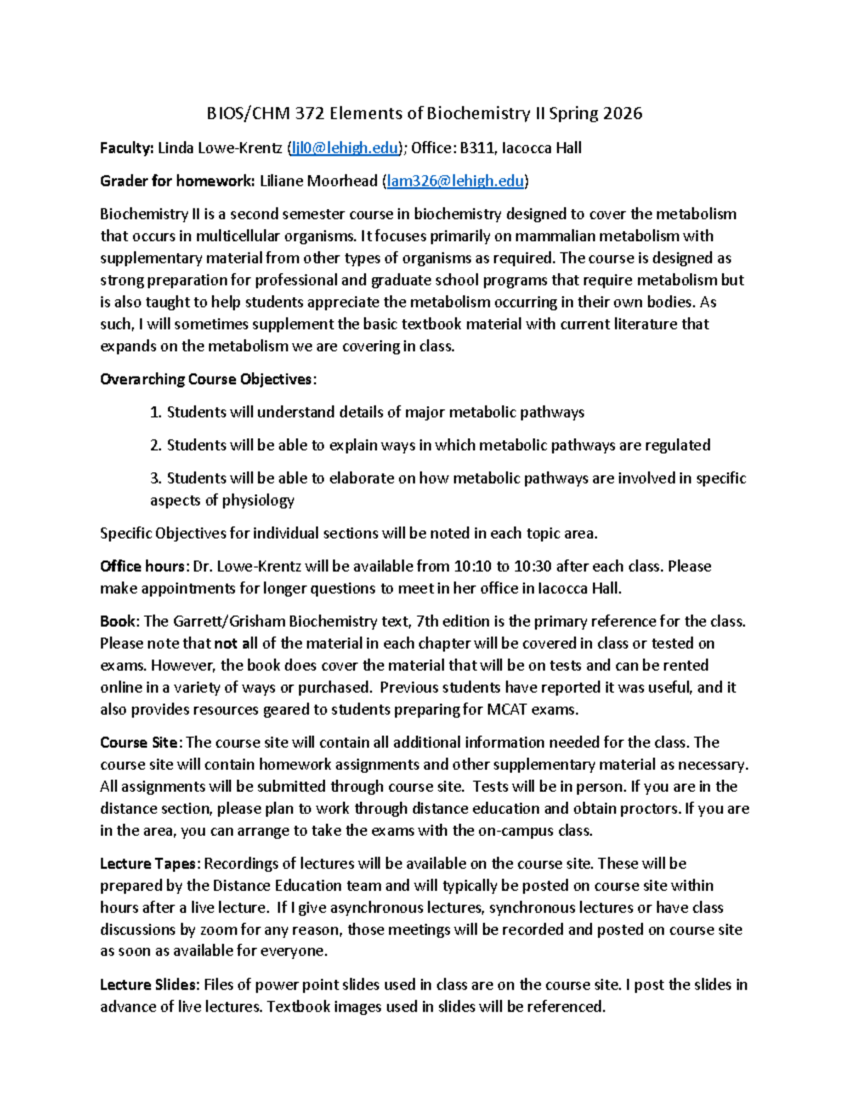 372 Biochemistry II Course Syllabus - Spring 2026 - Studocu