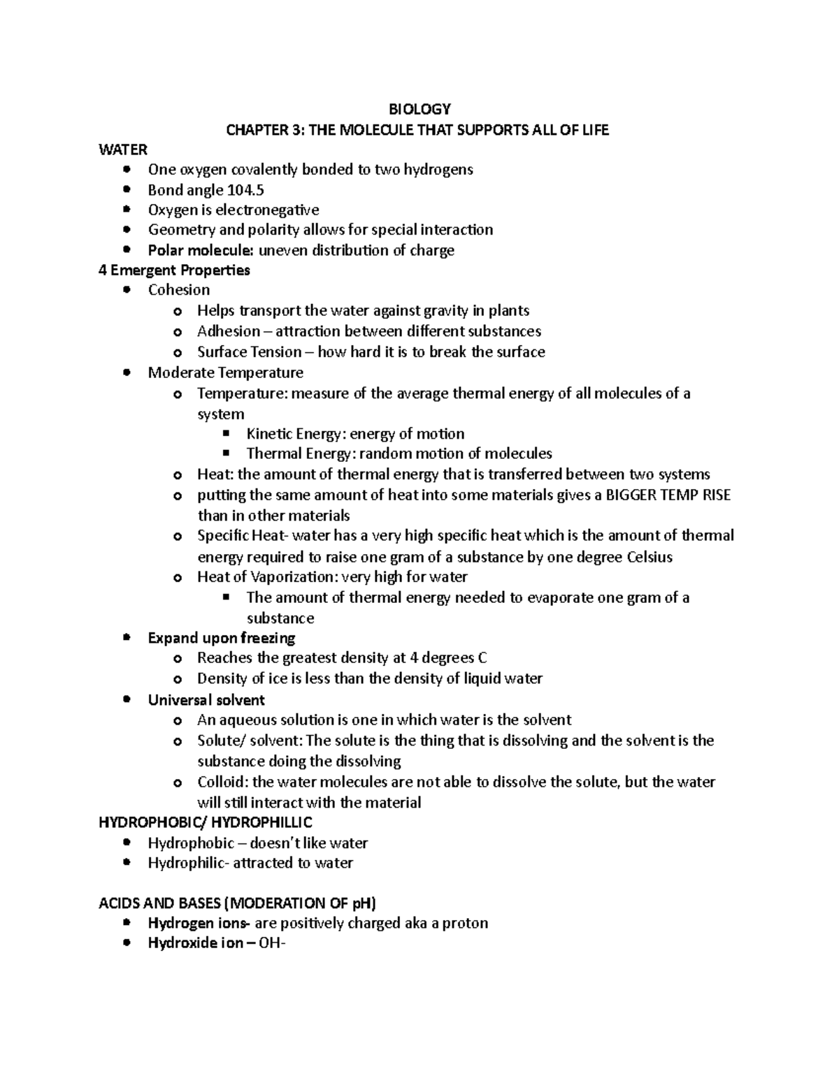 Biology Chapter 3: Water's Role in Life and pH Moderation - Studocu