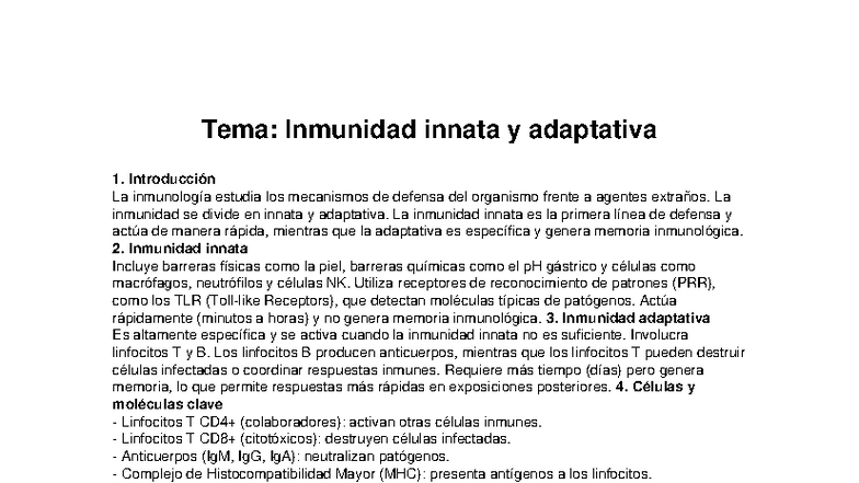 Inmunidad Innata y Adaptativa: Mecanismos de Defensa Inmunológica - Studocu