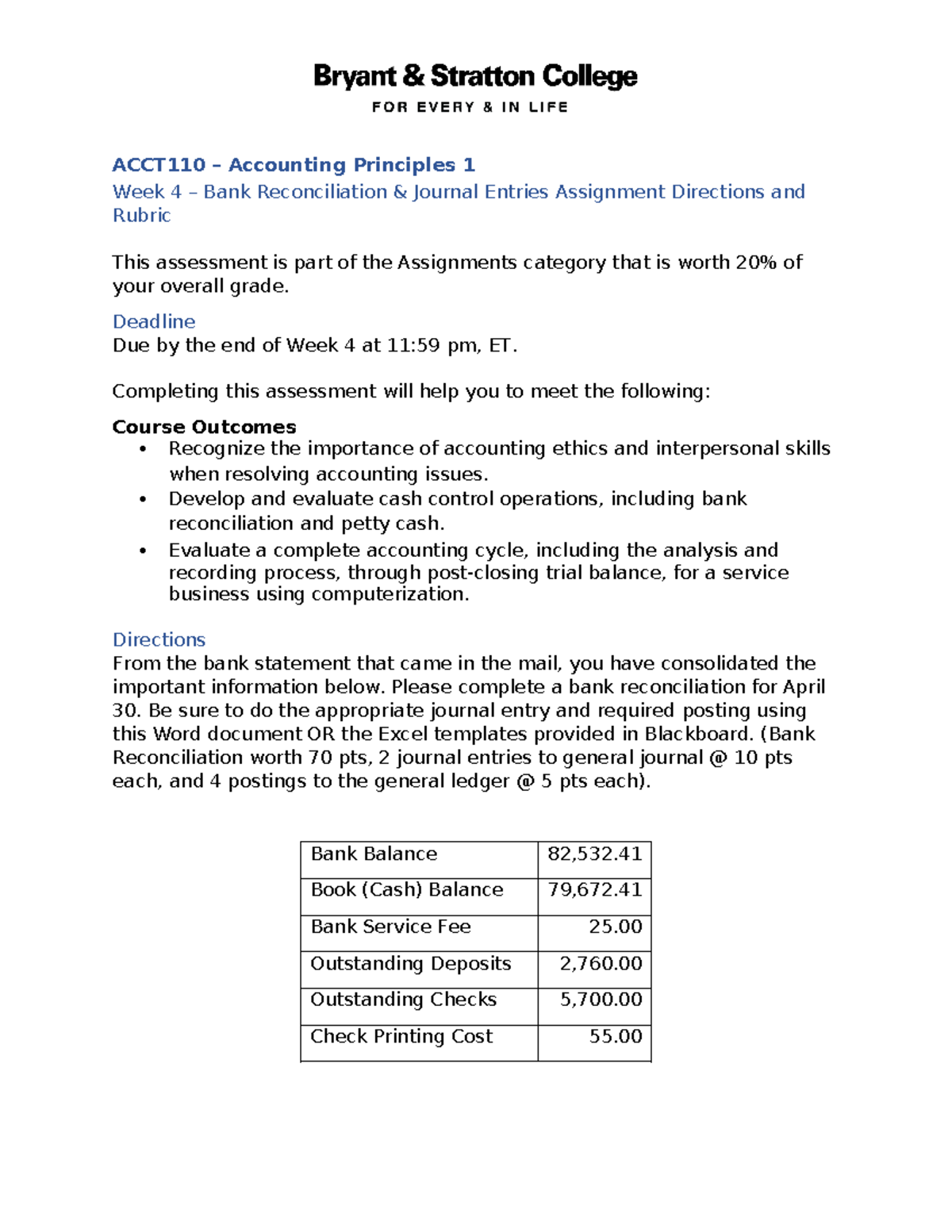 ACCT110 - W4 - Bank Reconciliation & Journal Entries Assignment Guide ...