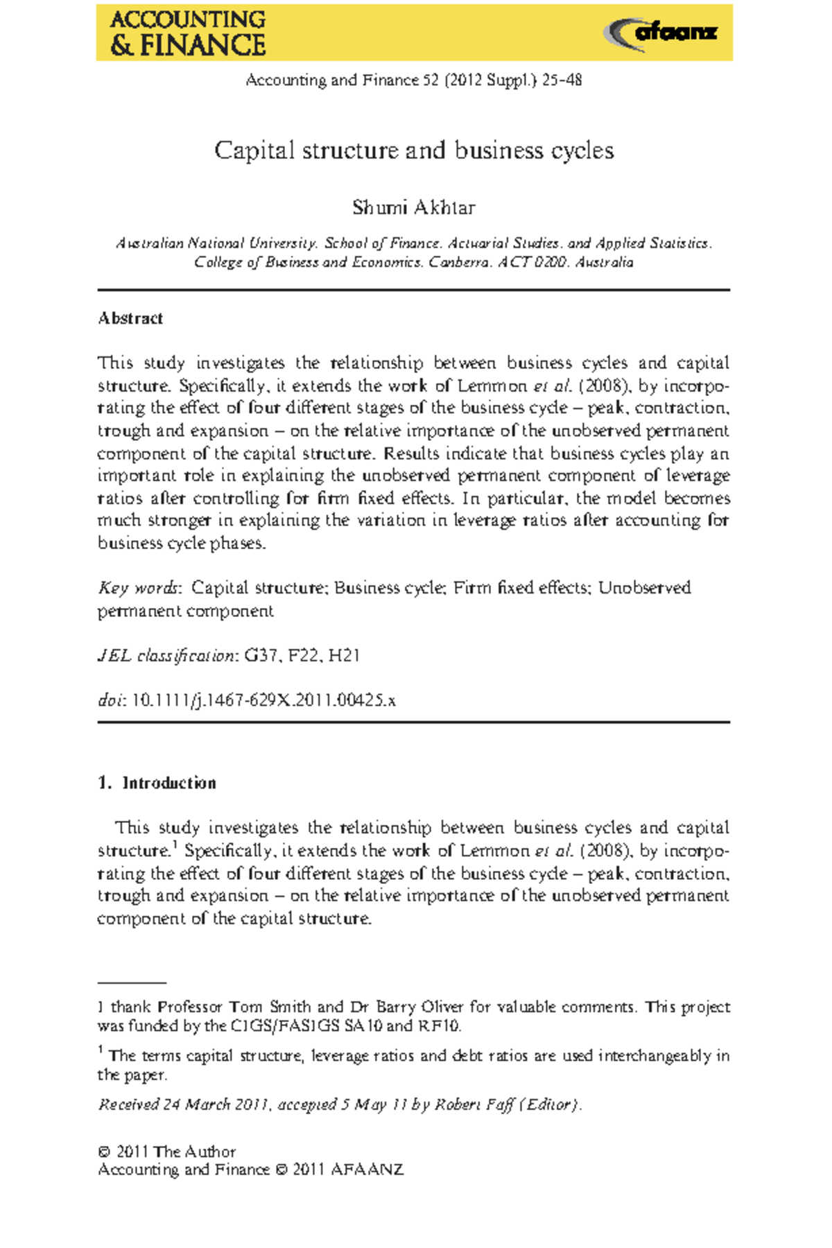 Accounting and Finance 52 (2012 Suppl.) - Capital Structure & Business ...