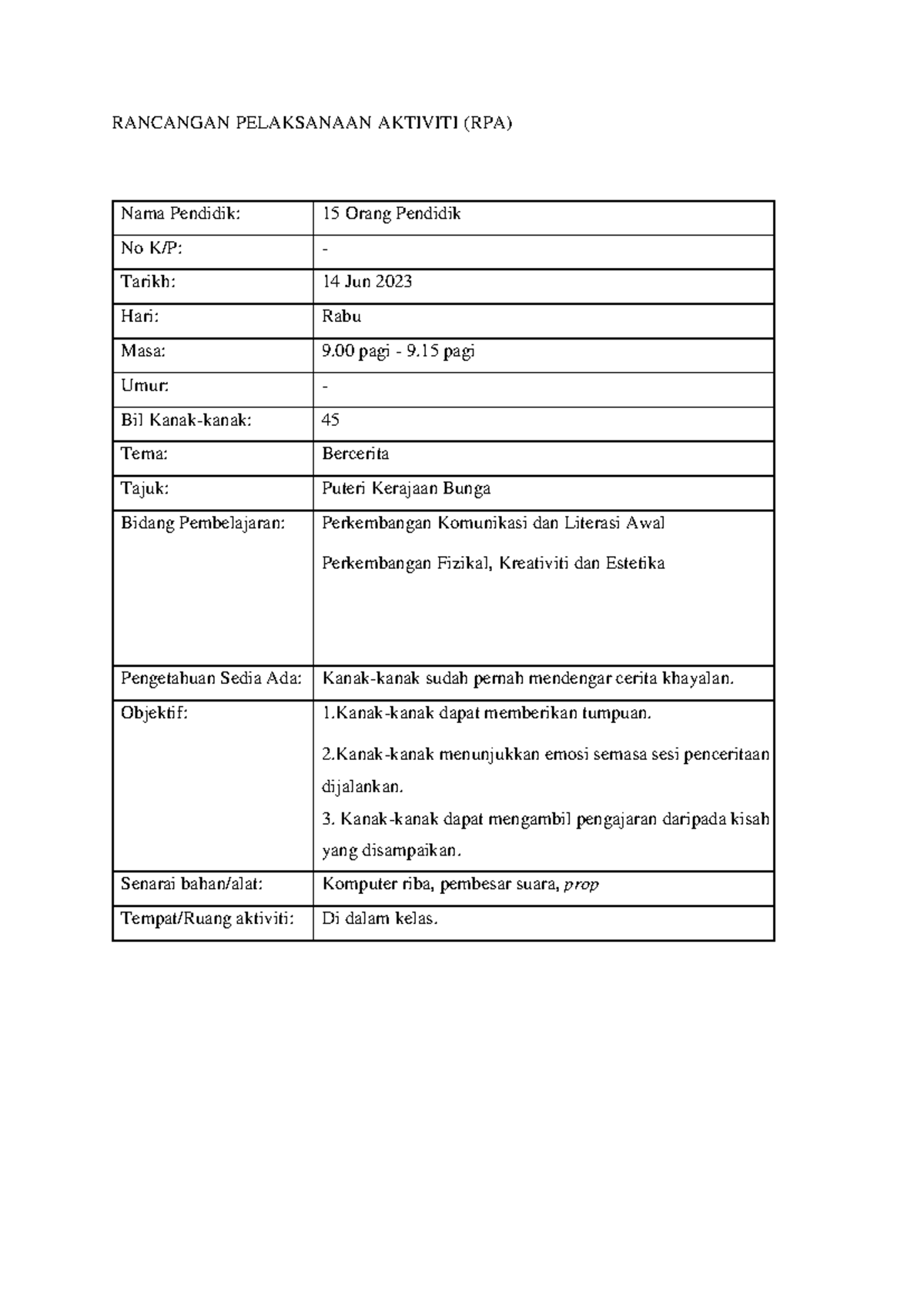 RPA 15: Rancangan Pengajaran Aktiviti Bercerita Puteri Kerajaan Bunga - Studocu