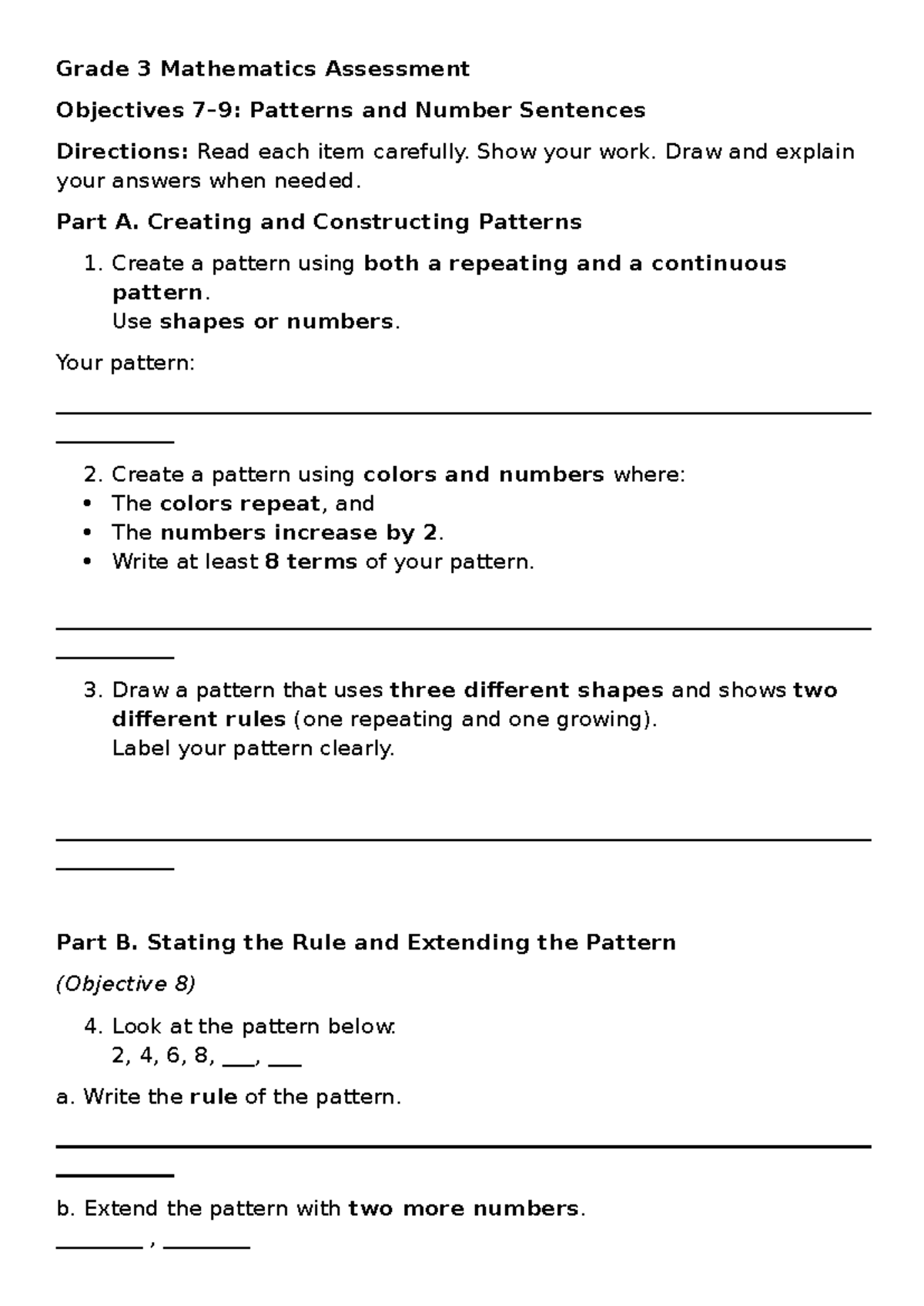Grade 3 Math Assessment: Patterns & Number Sentences Review - Studocu