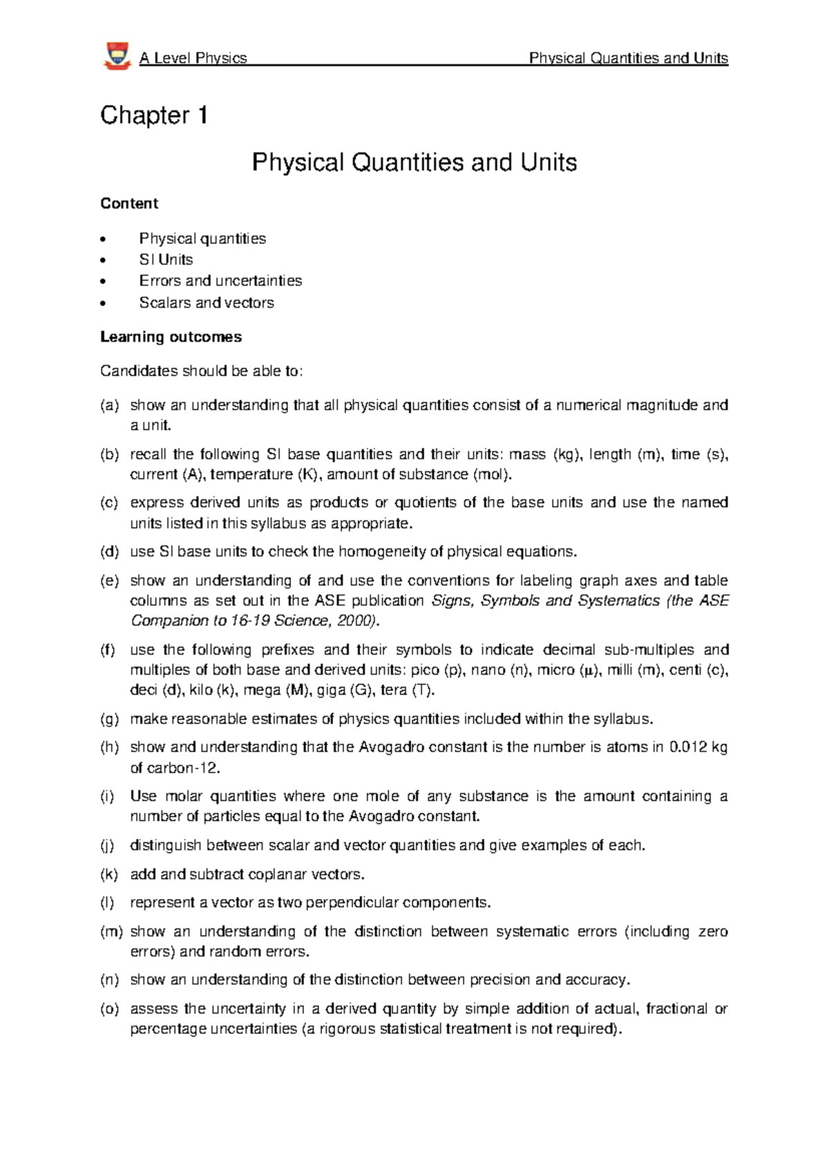 Chapter 1 Physical Quantities and Units Notes - Chapter 1 Physical ...