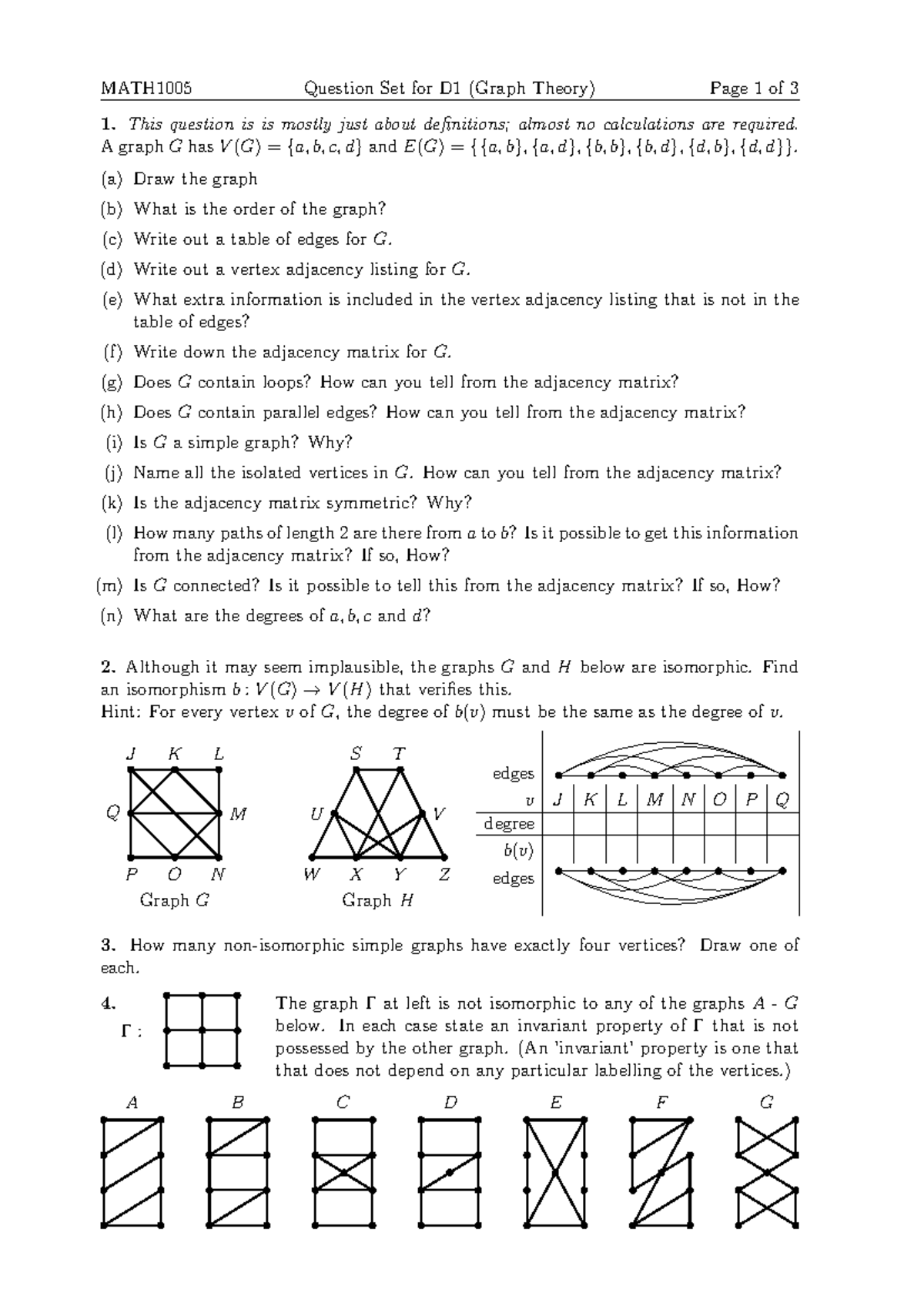 MATH1005 Graph Theory Question Set D1 - Prep10 Discrete Math - Studocu