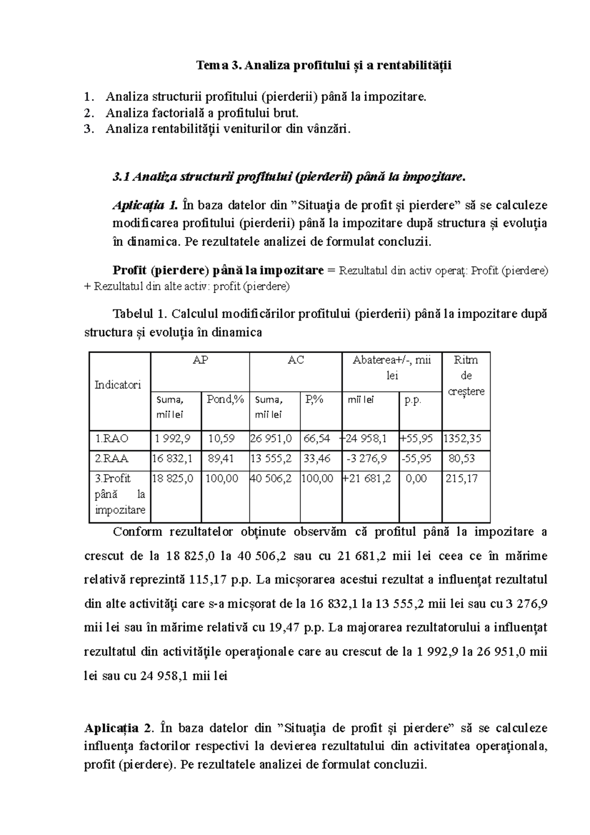 Analiza profitului și a rentabilității - Tema 3. Analiza profitului și ...
