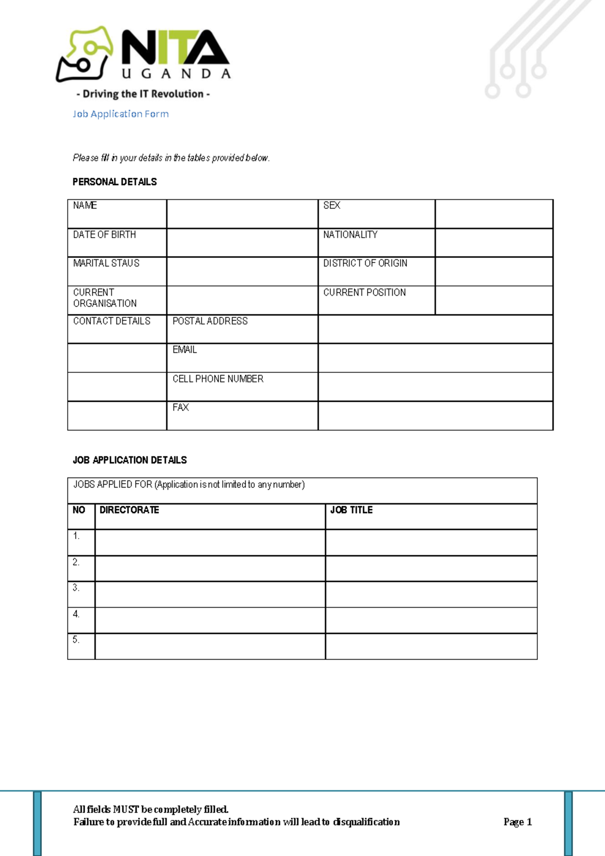 Job Application Form - National Information Technology Authority (NITA ...