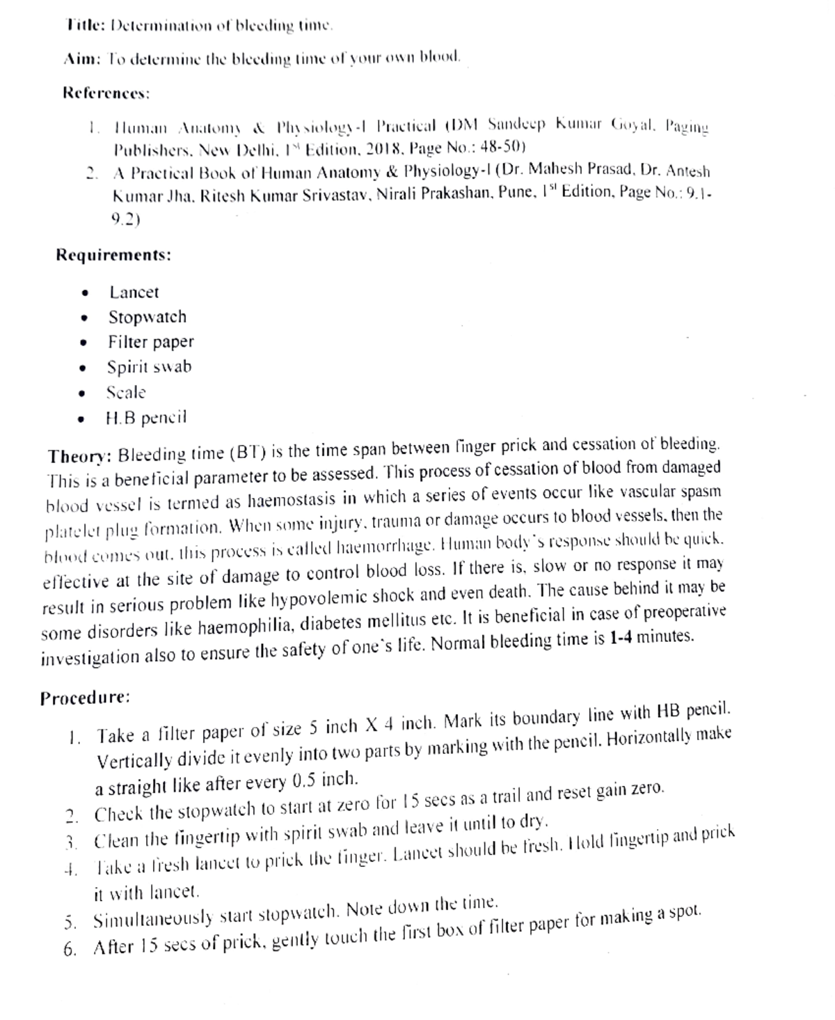 Bleeding Time Determination: Practical Guide for Anatomy Physiology-I ...