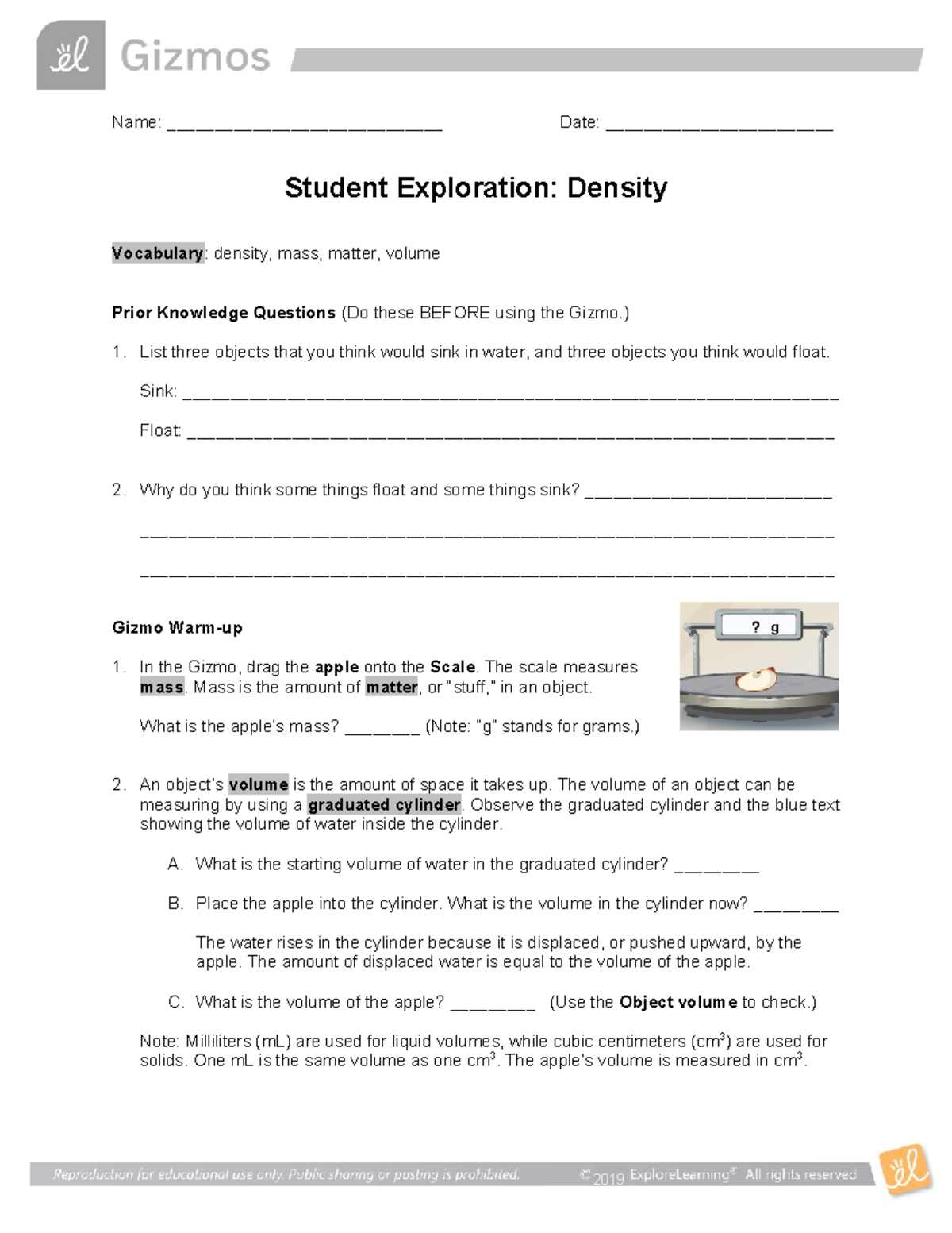 Density SE 4 - Gizmo Lab Activity on Sinking and Floating Objects - Studocu
