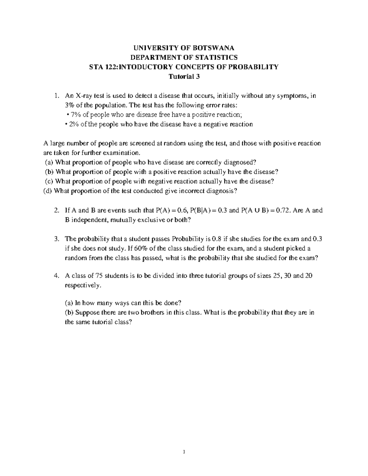 STA 122 Tutorial 3: Probability Concepts and Problem Solving - Studocu