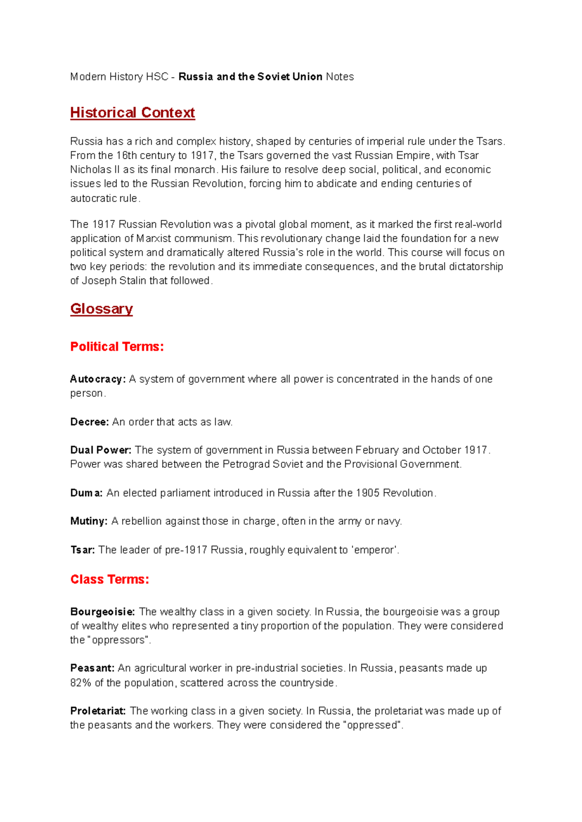 Modern History HSC - Russia & the Soviet Union: Key Notes & Context ...