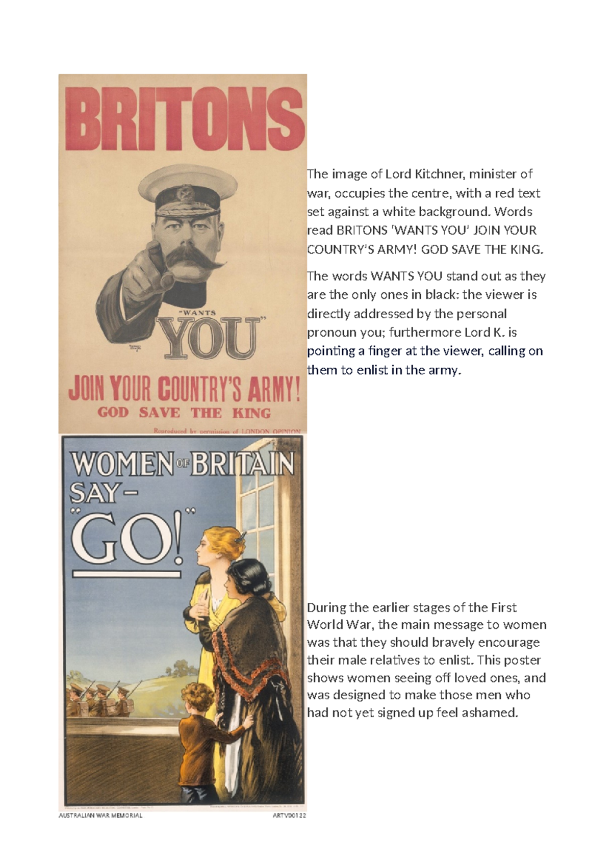WW1 Propaganda Posters Analysis: Calls to Action and Women's Role - Studocu