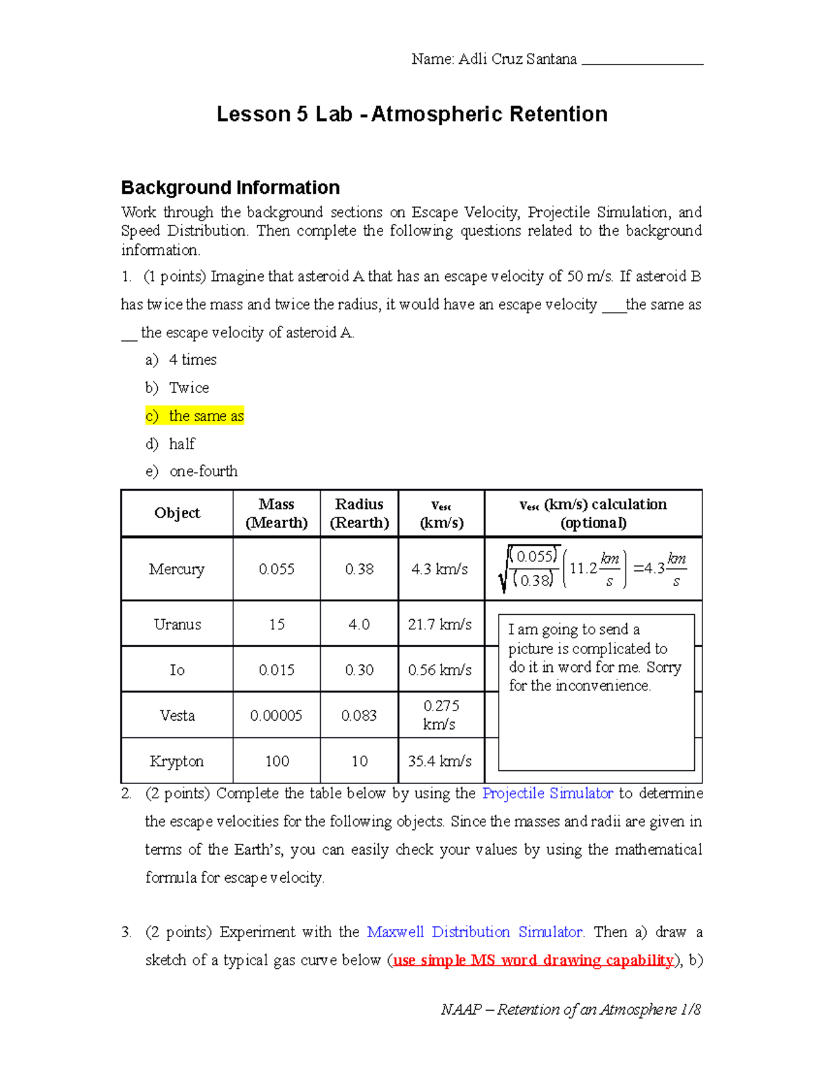 Lab Worksheet: Atmospheric Retention Analysis - Lesson 5 (ASTR 101 ...