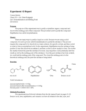 Ochem lab 3 - Recrystallization and Melting point - Will Davidson Chem Erome Hankore Lab 3 ...