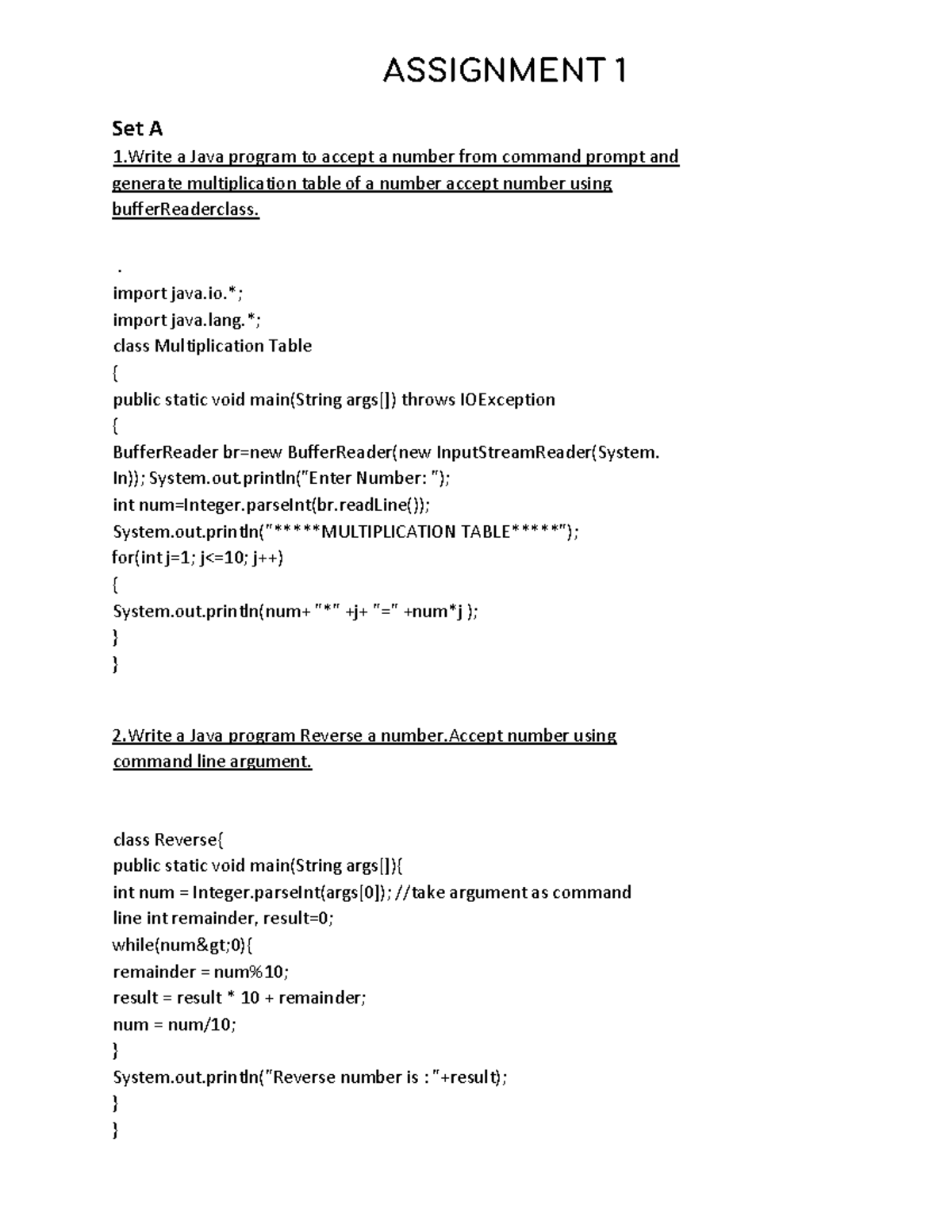 Java practical assignments - ASSIGNMENT 1 Set A 1 a Java program to accept a number from command ...