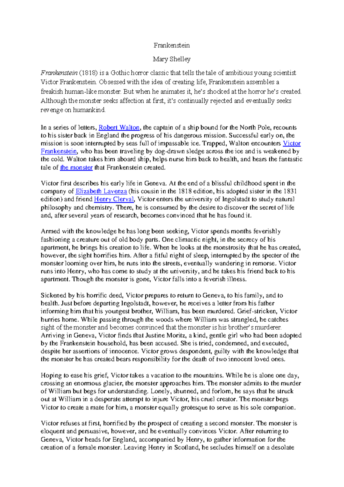 Frankenstein (1818) Summary and Analysis: A Tale of Creation - Studocu