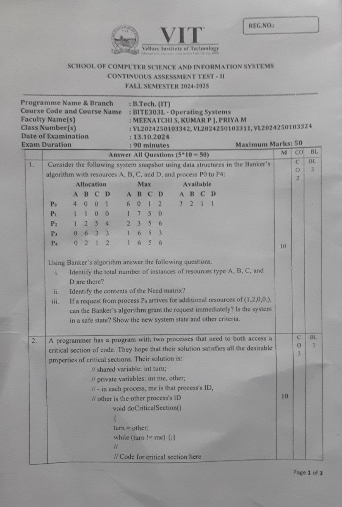 BITE303L Continuous Assessment Test II - Operating Systems 2024-2025 ...