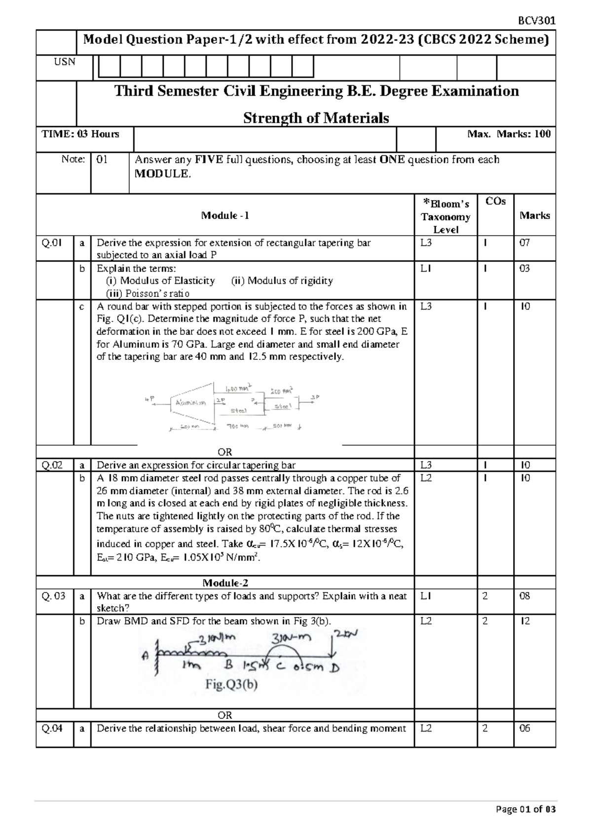 BCV301 - Strength of Materials Model Question Paper Notes - Studocu