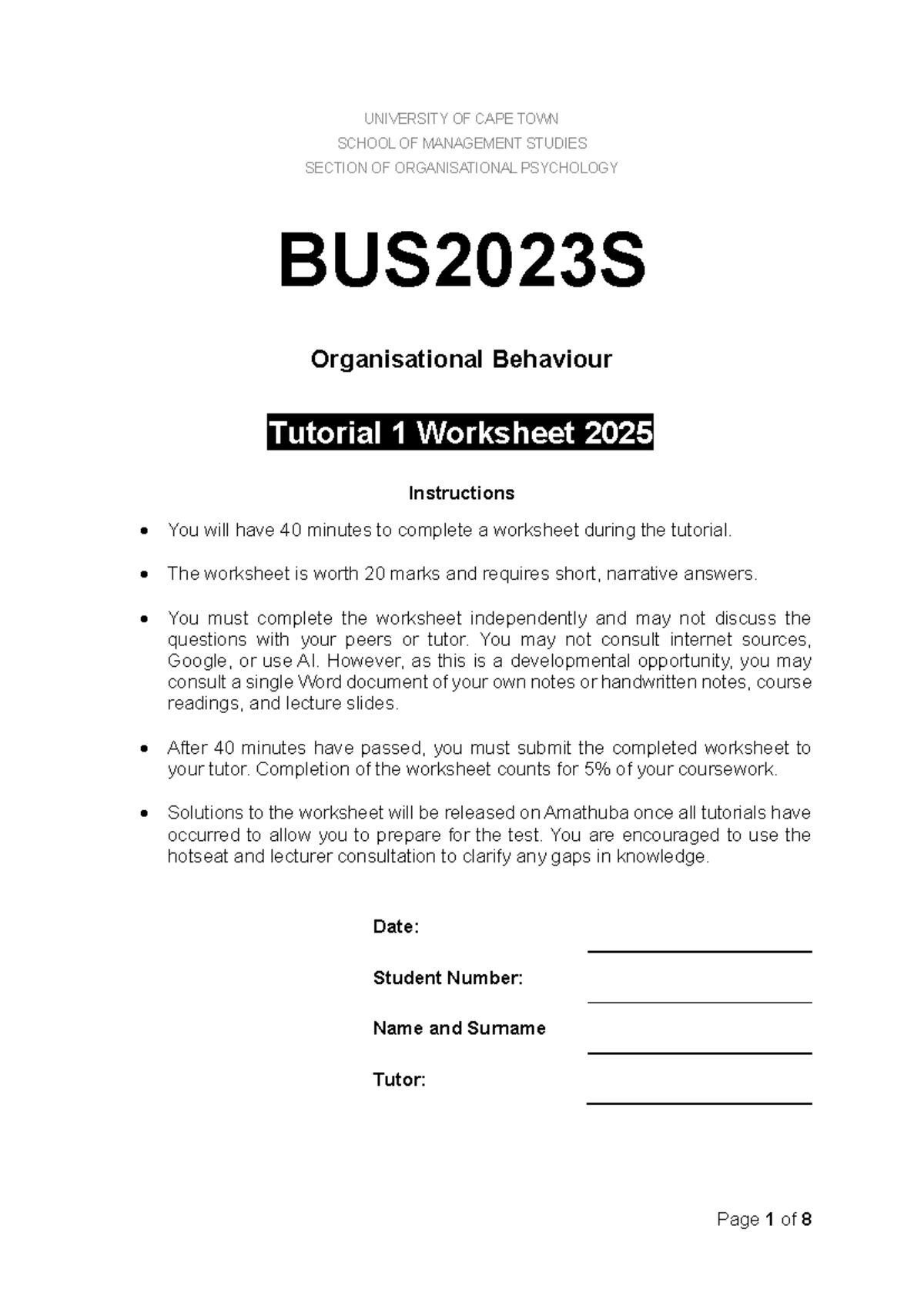 BUS2023S 2025 Organisational Behaviour Tutorial 1 Worksheet Memo - Studocu