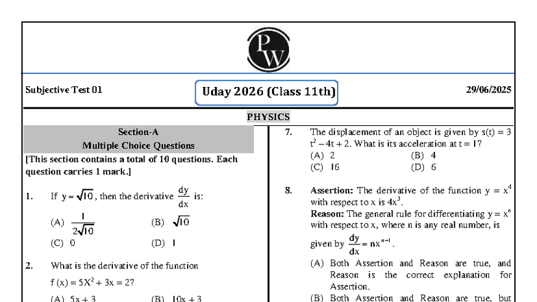 Subjective Test 01 - Class 11 PHYSICS MCQs and Short Answers - Studocu