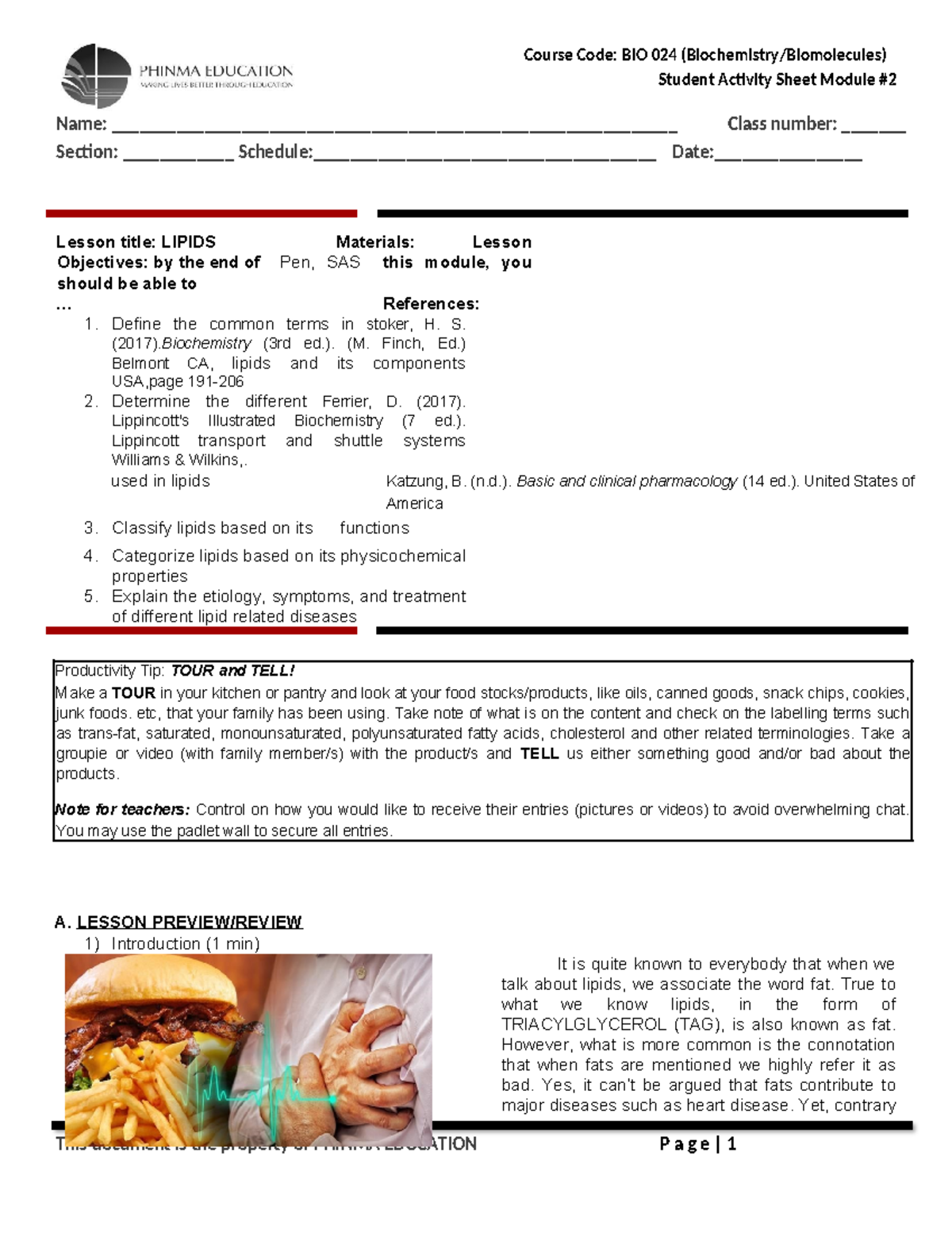 SAS Activity Sheet: Understanding Lipids - BIO 024 Module #2 - Studocu