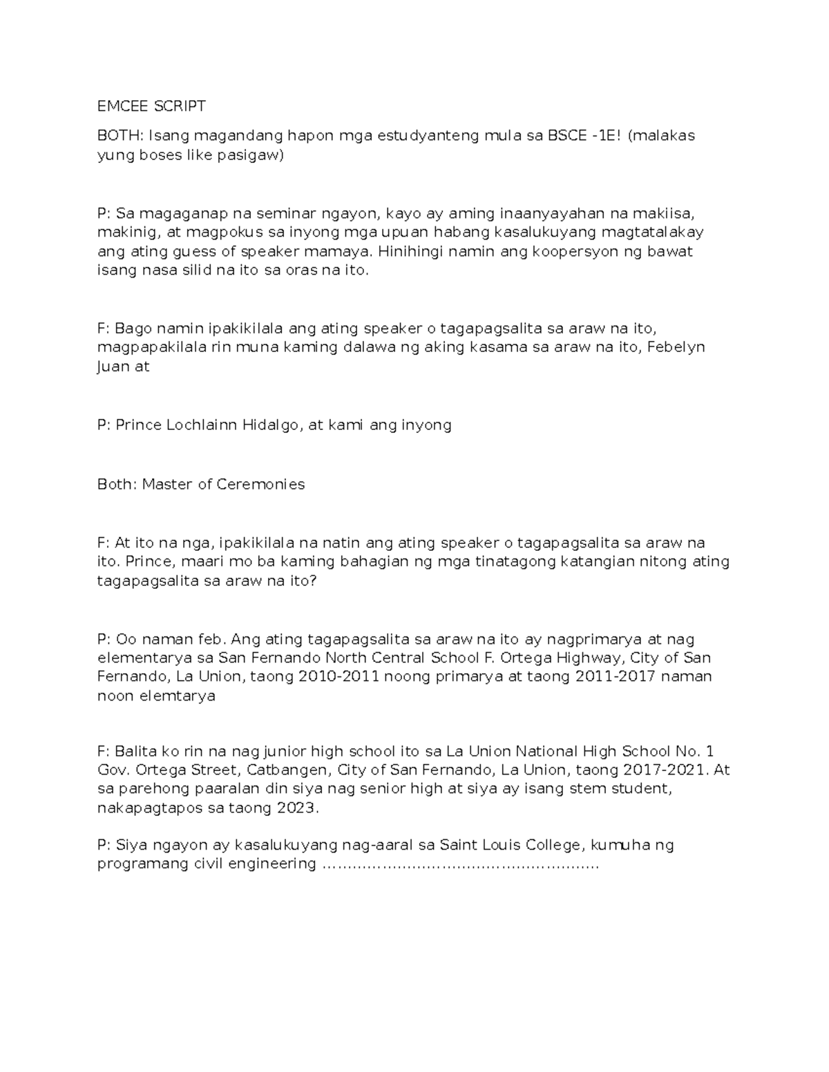 Emcee Script for Seminar - FIL - Studocu