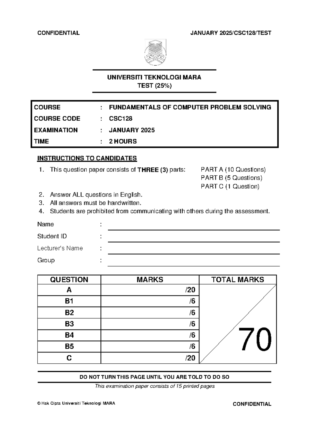 [JAN 2025] CSC128 Fundamentals of Computer Problem Solving Test - Studocu