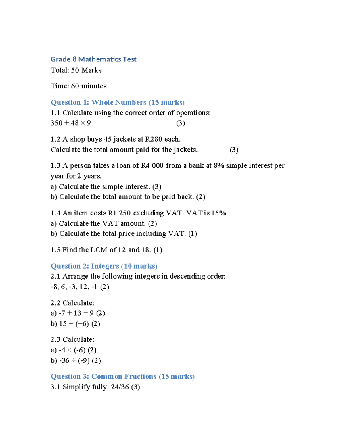Grade 8 Mathematics Test - Total Marks: 50, Duration: 60 Min - Studocu