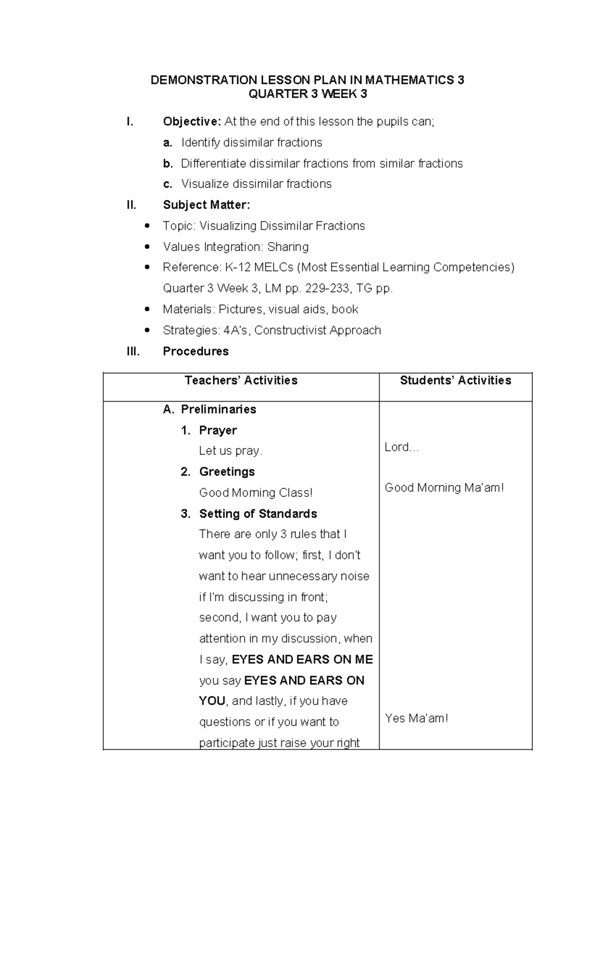 Demonstration Lesson Plan in Math 3: Visualizing Dissimilar Fractions ...