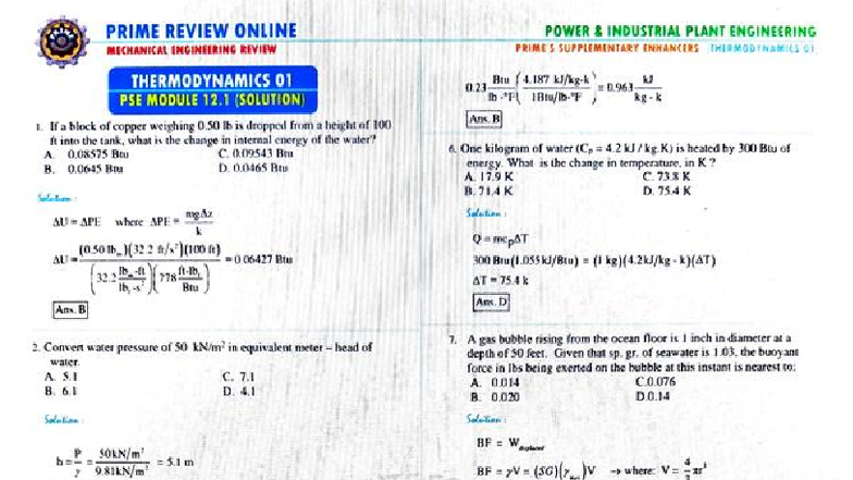 PRIME REVIEW ONLINE MECHANICAL ENGINEERING THERMODYNAMICS 01 SOLUTIONS - Studocu