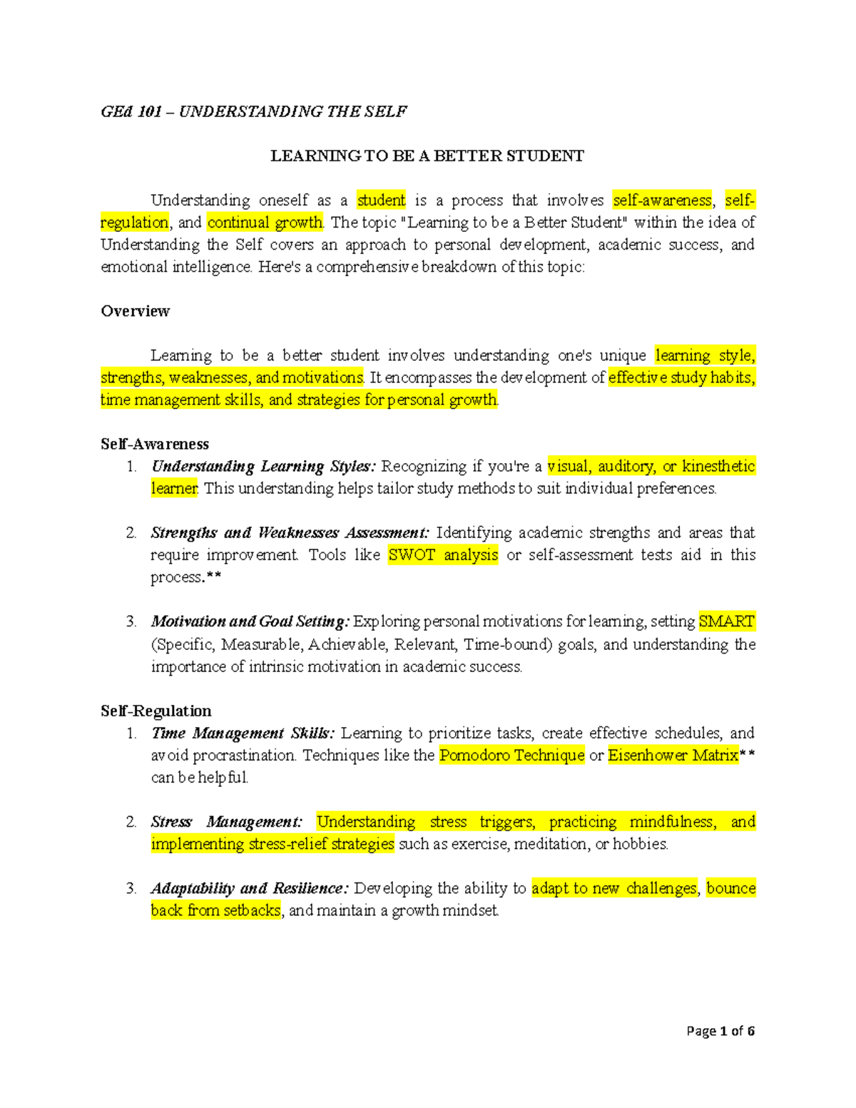 GEd 101: Understanding the Self for Academic Success and Growth - Studocu