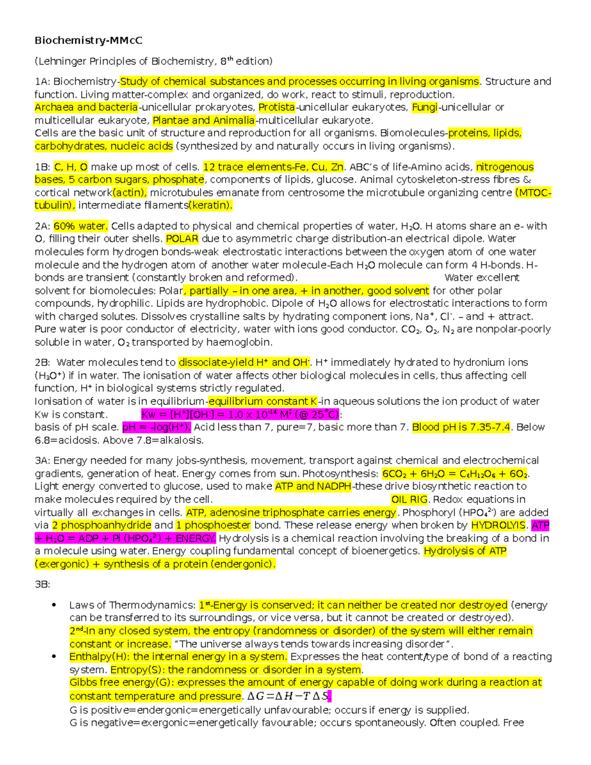 MMc C Lecture Notes - Biochemistry-MMcC (Lehninger Principles of ...