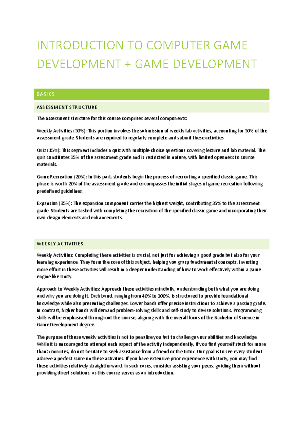 Introduction to Game Dev Fundamentals (COMP 101) - Assessment Structure ...