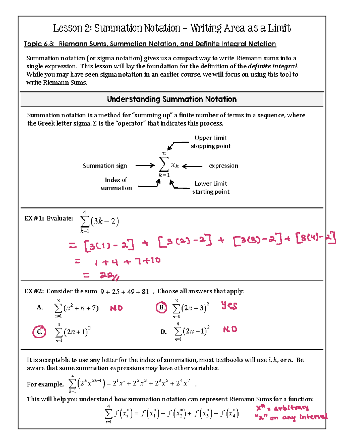 6 2Notes - Unit 6 lesson 2 - Understanding Summation Notation Summation ...