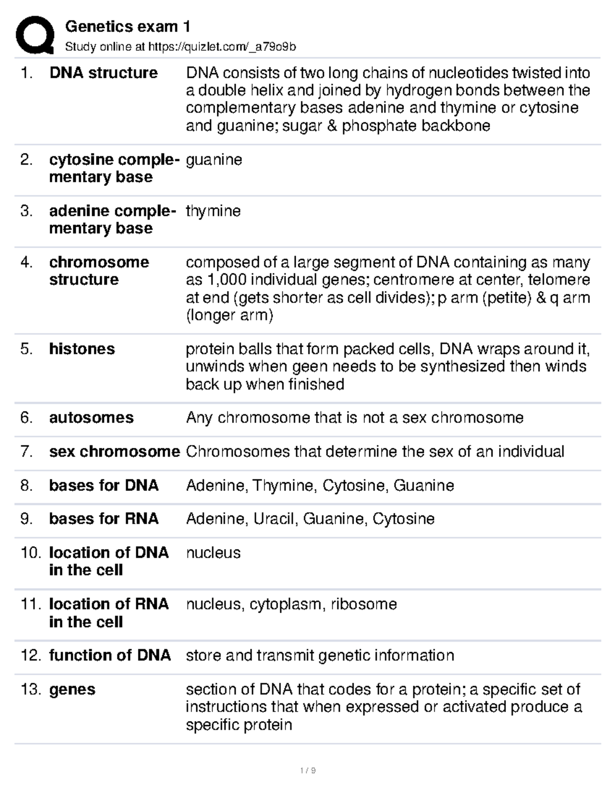 Genetics Exam 1 - Exam 1 material - Study online at quizlet/_a79o9b DNA ...