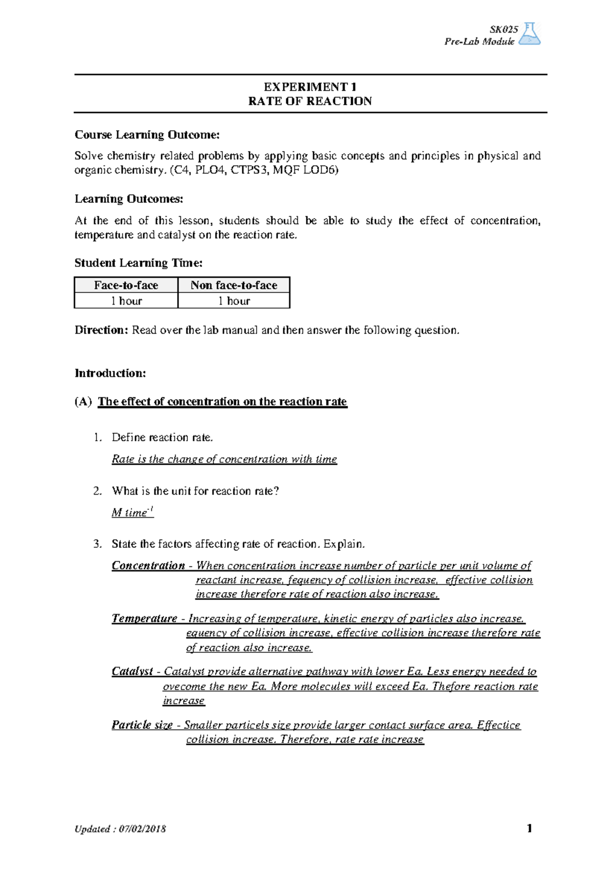 2. Chemistry SK025 Pre-Lab Answers: Reaction Rates & Mechanisms - Studocu