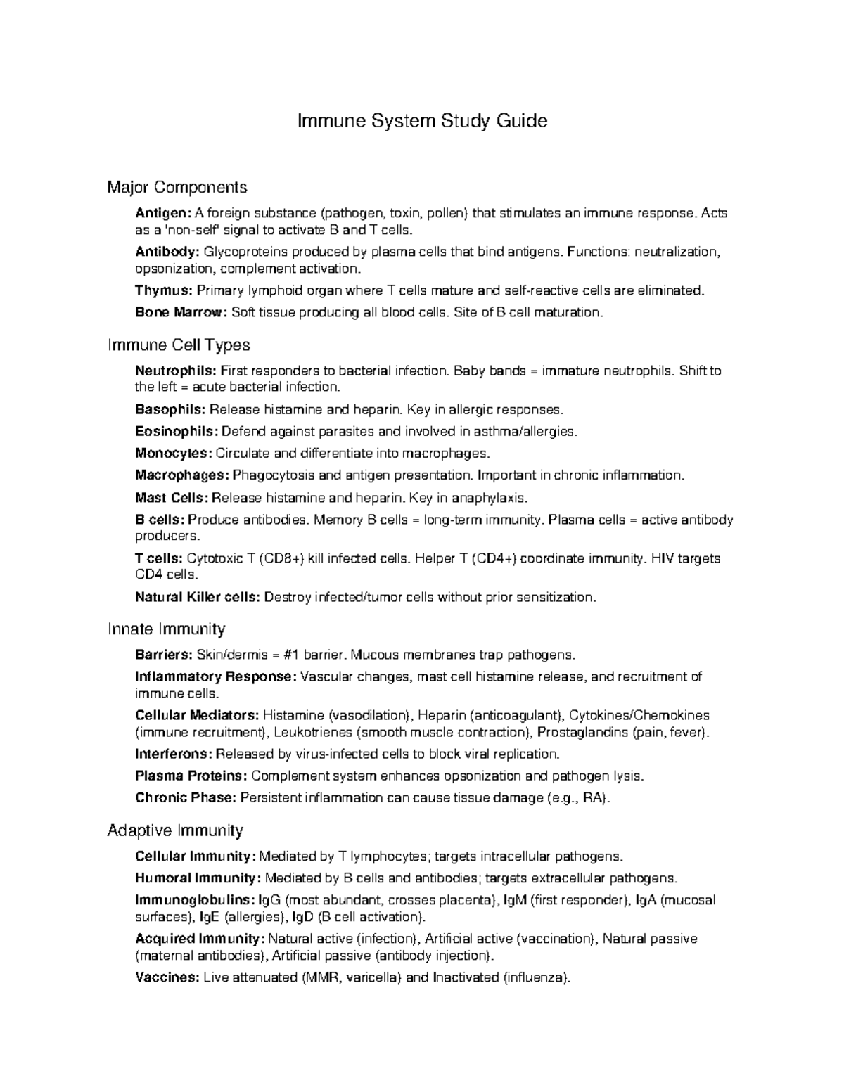 Immune System Study Guide: Key Components & Functions (Final) - Studocu