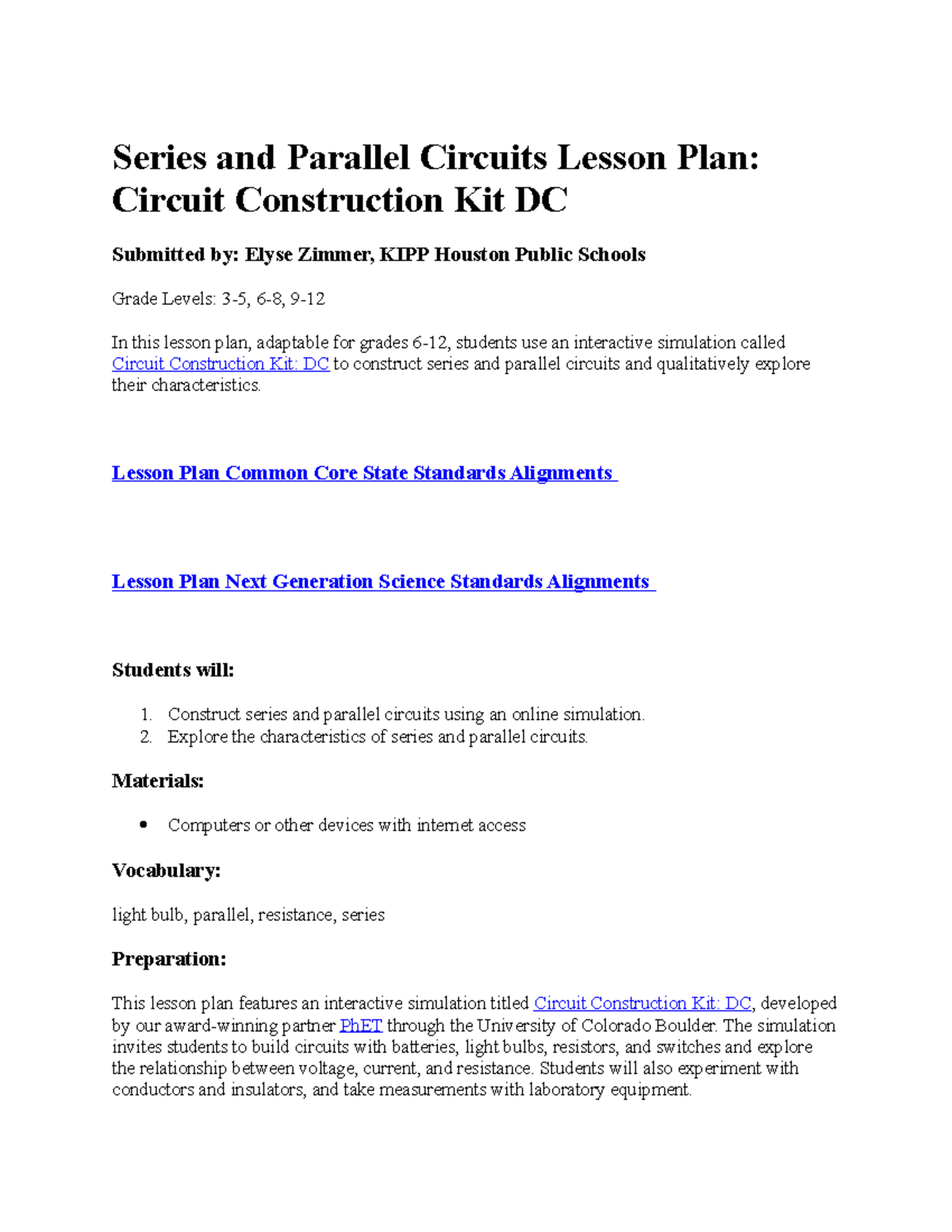 Series and Parallel Circuits Lesson Plan for Grades 6-12 - Studocu