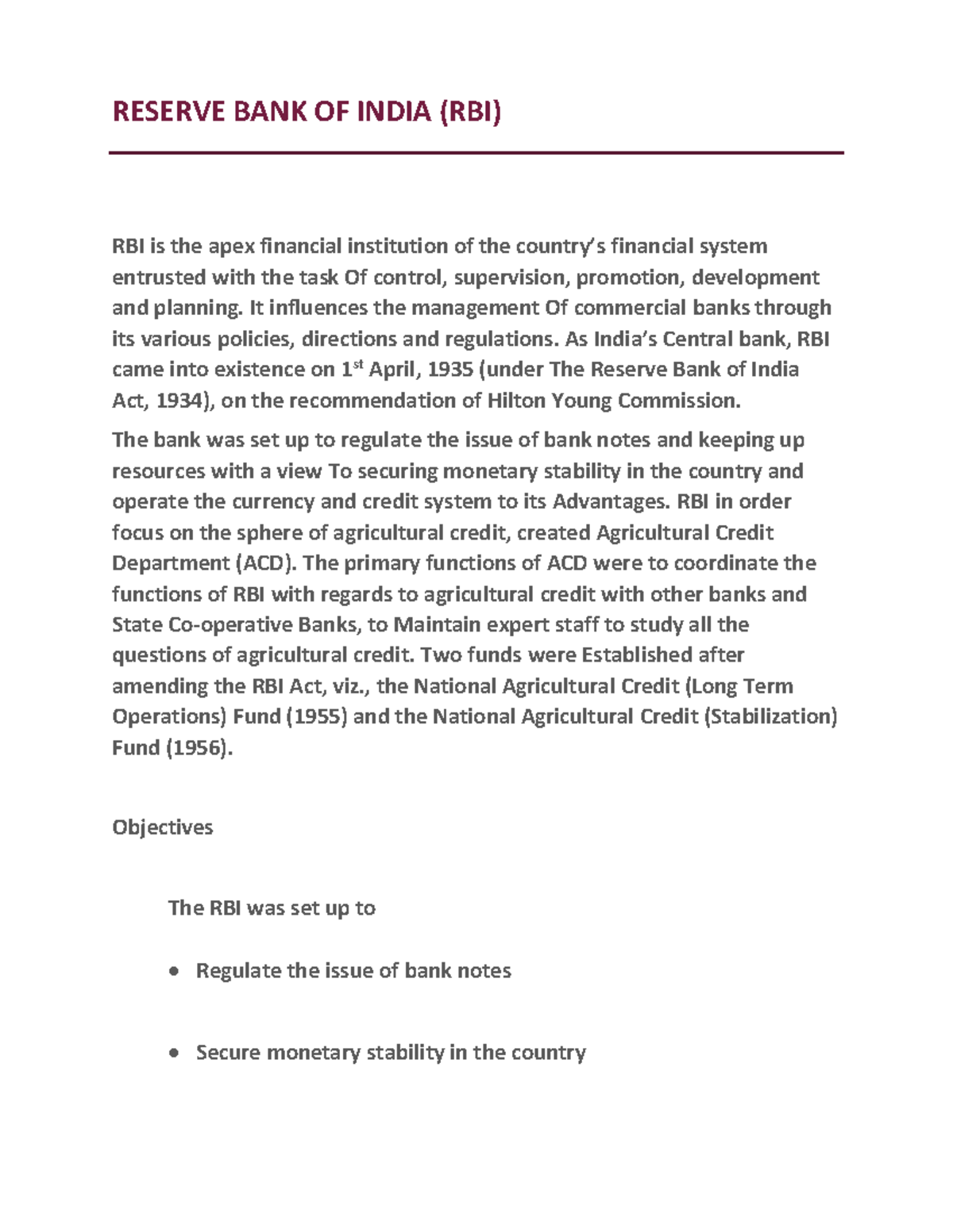 RBI Functions and Roles in Agricultural Credit and Monetary Stability ...