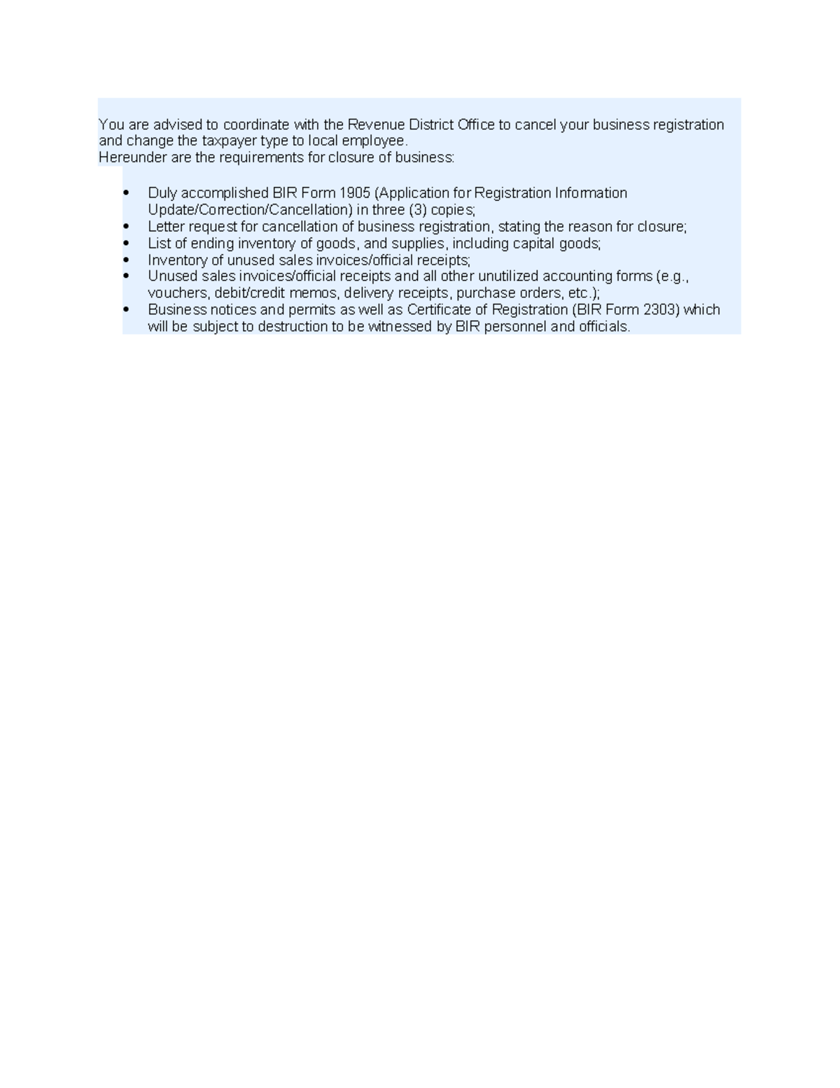 BIR Business Closure Procedures and Requirements Guide - Studocu