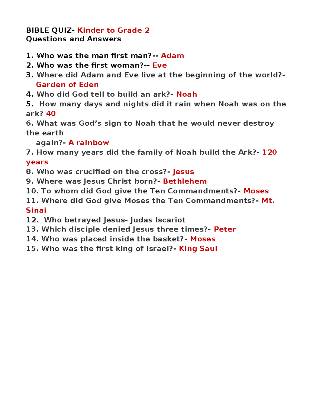 Bible QUIZ - BIBLE QUIZ- Kinder to Grade 2 Questions and Answers Who ...
