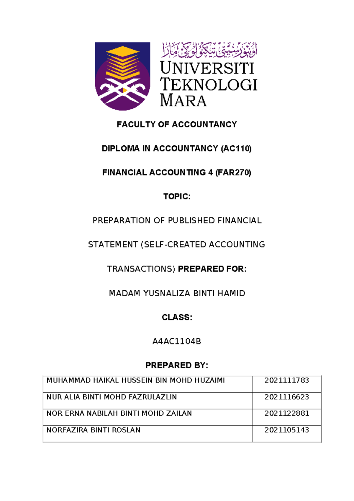 Group Assignment: Financial Accounting 4 (FAR270) on Financial ...