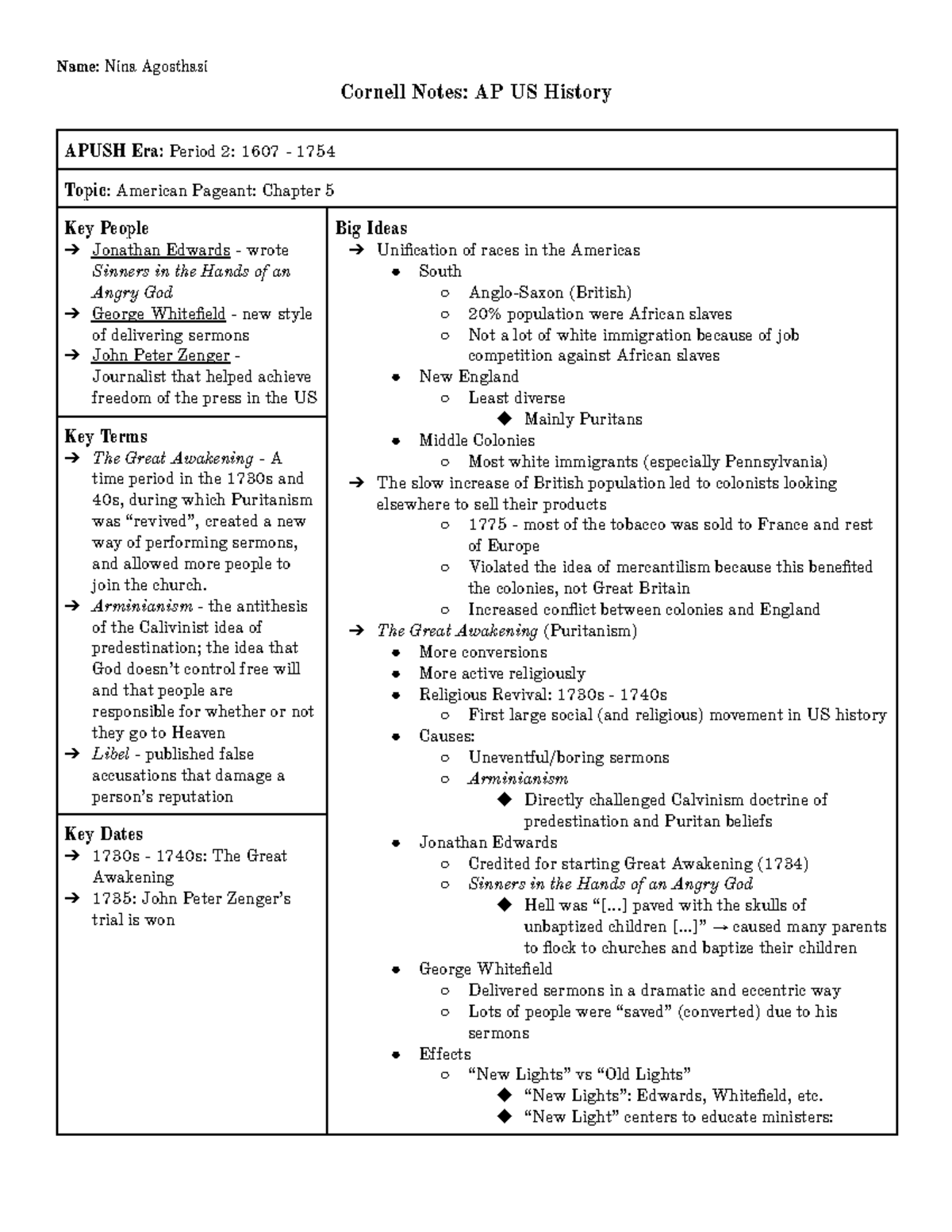 APUSH: Cornell Notes - Period 2 Summary on Chapter 5 (1607-1754) - Studocu