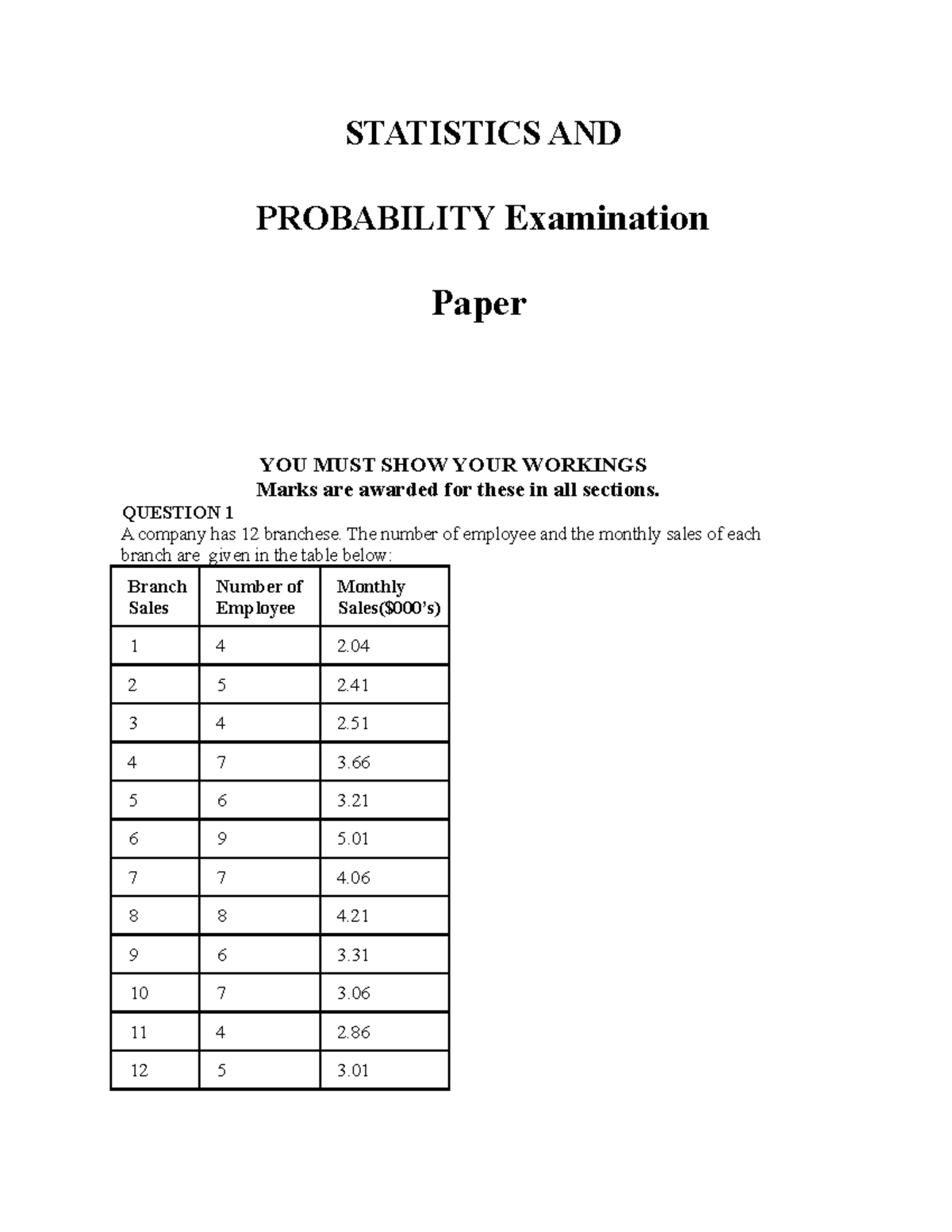 Statistics AND Probability Examination Paper - STATISTICS AND ...
