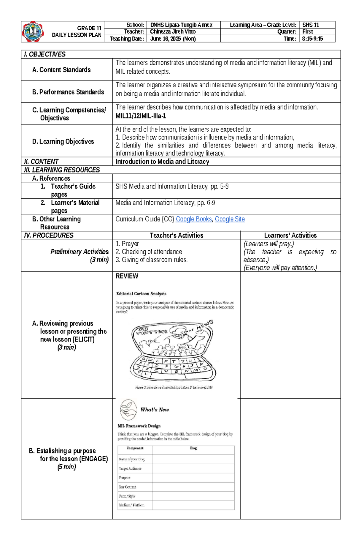 GRADE 11 SHS Daily Lesson Plan: Intro to Media & Literacy (0616 MIL ...