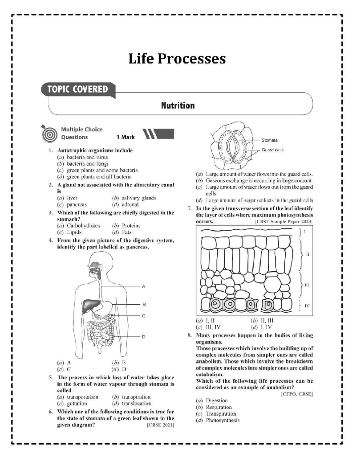Biology - Life Processes MCQs and Short Answer Questions (Final Exam ...