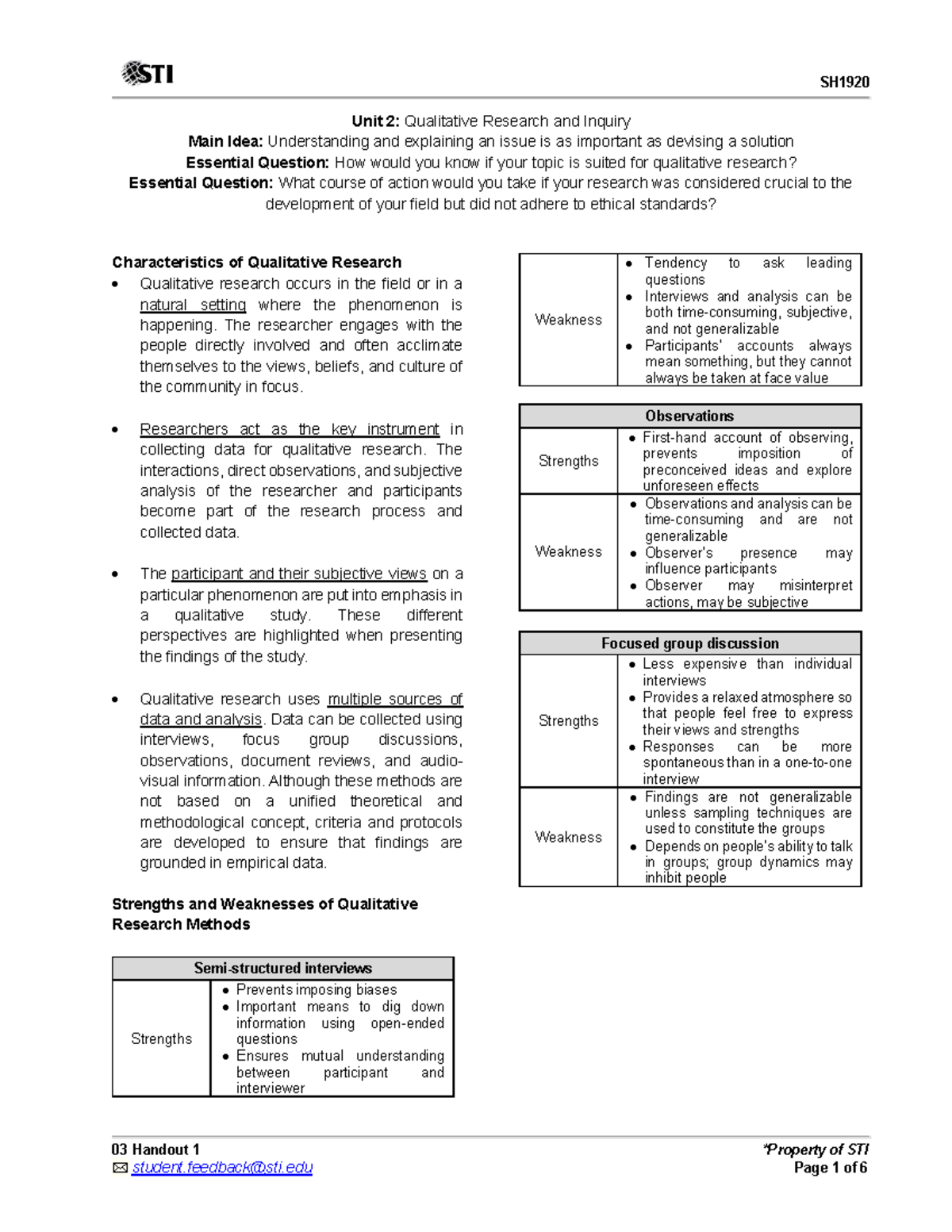 SH1920 Unit 2: Qualitative Research Methods Overview and Ethics - Studocu