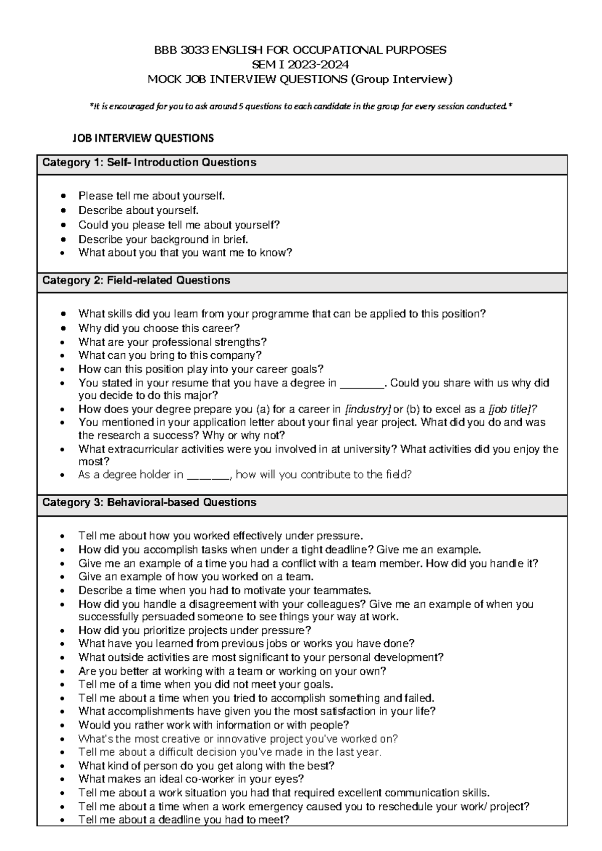 3033 ENGLISH FOR OCCUPATIONAL PURPOSES SEM I MOCK JOB INTERVIEW ...